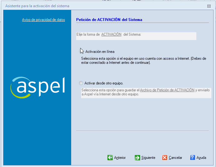 Activar sistema - Portal de Clientes Siigo Aspel