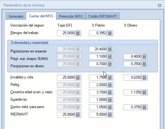Parámetros de la nómina - Cuotas IMSS - Portal de Clientes Siigo Aspel